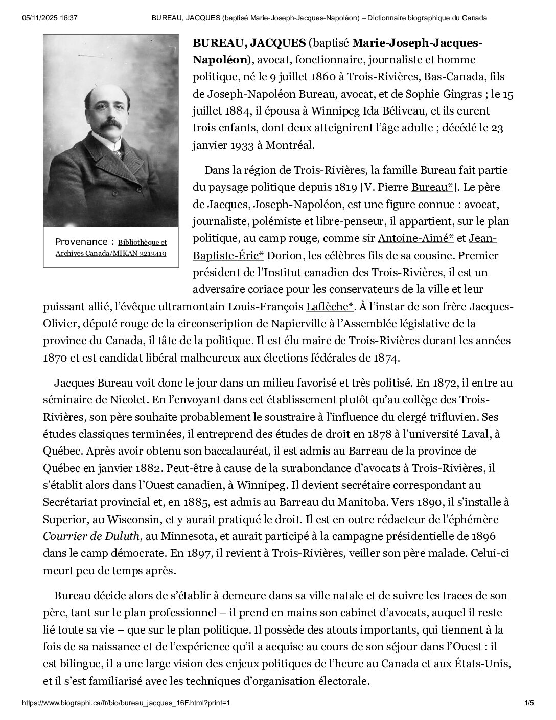 BUREAU, JACQUES (baptisé Marie-Joseph-Jacques-Napoléon) - Trois ...
