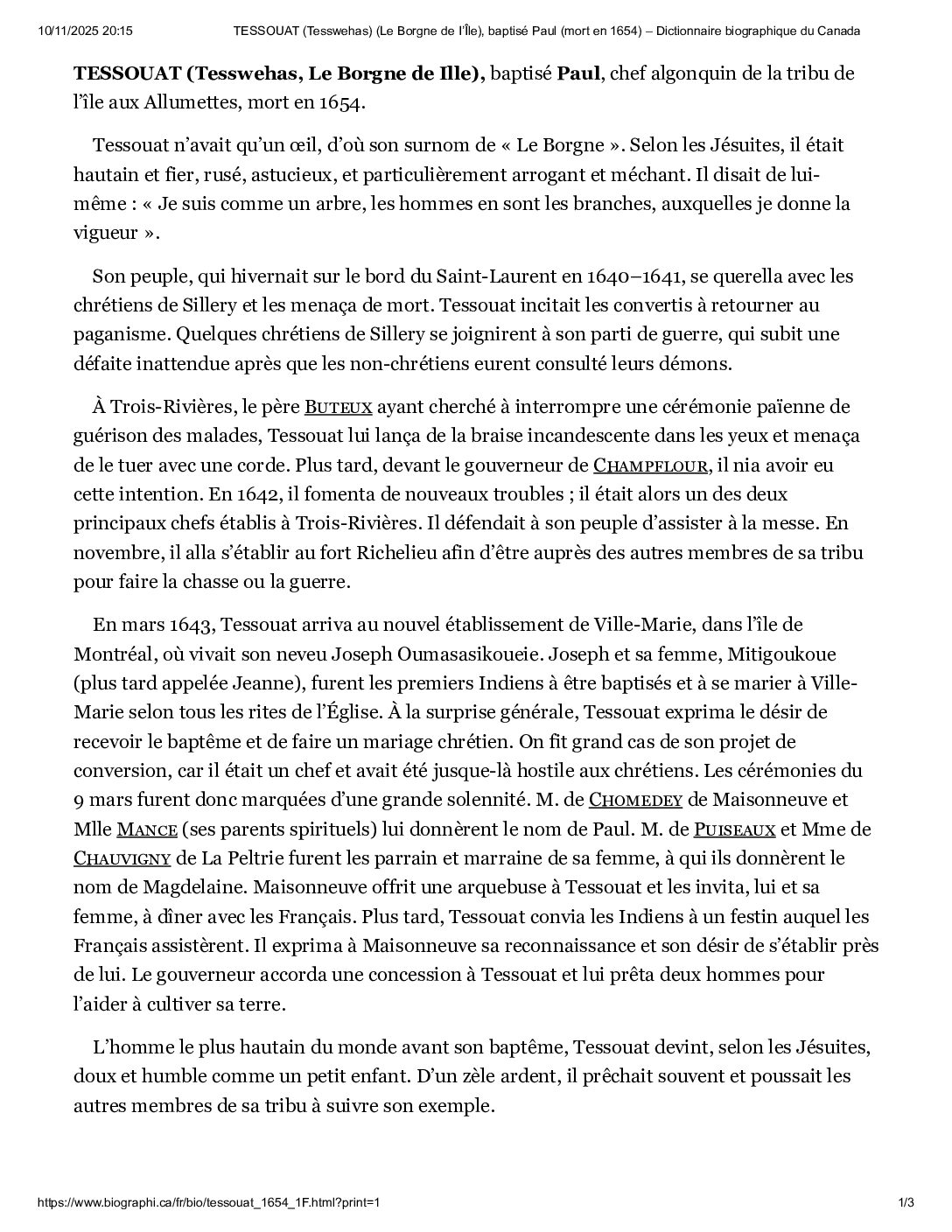 TESSOUAT (Tesswehas) (Le Borgne de I’Île), baptisé Paul (mort en 1654 ...
